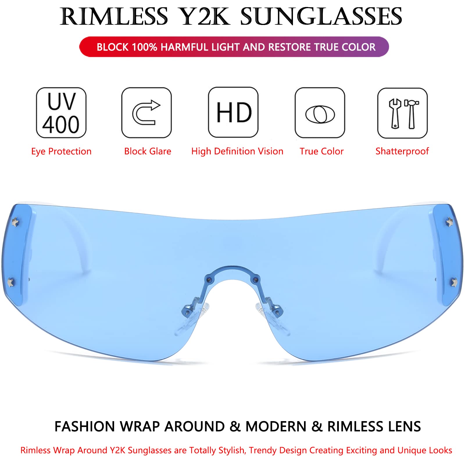 AIEYEZO Rimless Y2K Sunglasses Women Men Oversized Fashion Wrap Around Frameless Sun Glasses (Blue)