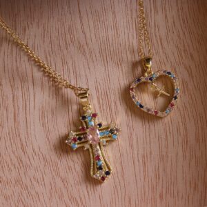 Agriajun Colorful Gold Cross Pendant Y2k Necklace for Women - Cute Multicolor Pink Crystal Cubic Zirconia Turquoise Stone Gothic Cross Necklaces Costume Christmas Goth Chain Prom Jewelry Gift