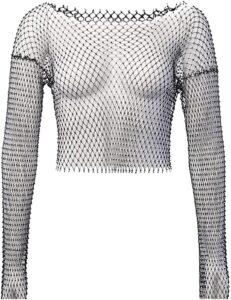 yqc women's sleevess rhinestone mesh top -glitter crystal sexy fishnet tops v-neck tank -see through vest rhinestone top (style 1)