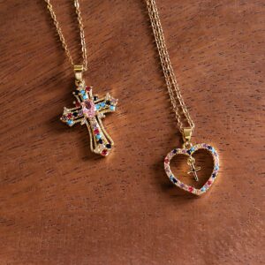 Agriajun Colorful Gold Cross Pendant Y2k Necklace for Women - Cute Multicolor Pink Crystal Cubic Zirconia Turquoise Stone Gothic Cross Necklaces Costume Christmas Goth Chain Prom Jewelry Gift