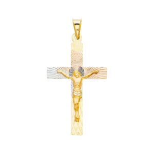 14k tri color gold diamond cut crucifix jesus cross stamp religious pendant - crucifix charm polish finish - handmade spiritual symbol - gold stamped fine jewelry - great gift for men & women for occasions, 40 x 23 mm, 2.2 gms