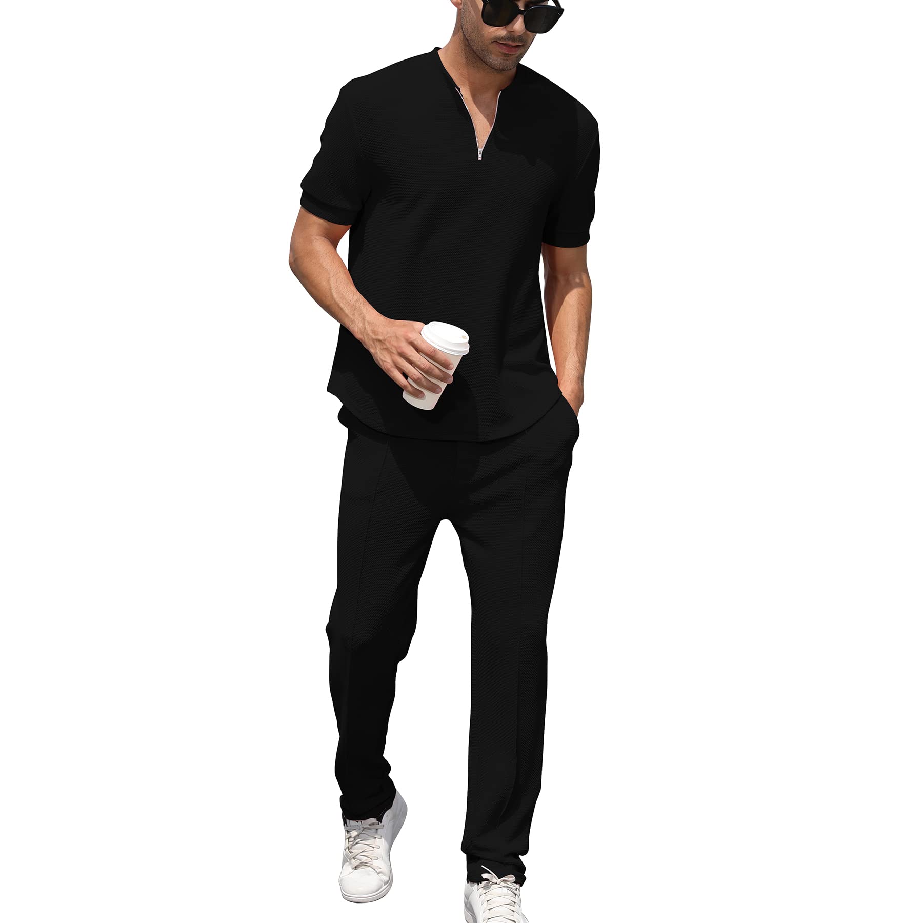 FZNHQL Men's Fashion Tracksuits 2 Piece Outfits Casual Polo Suit Athletic Running Jogging Track Suits for Men Workout Set Black XL