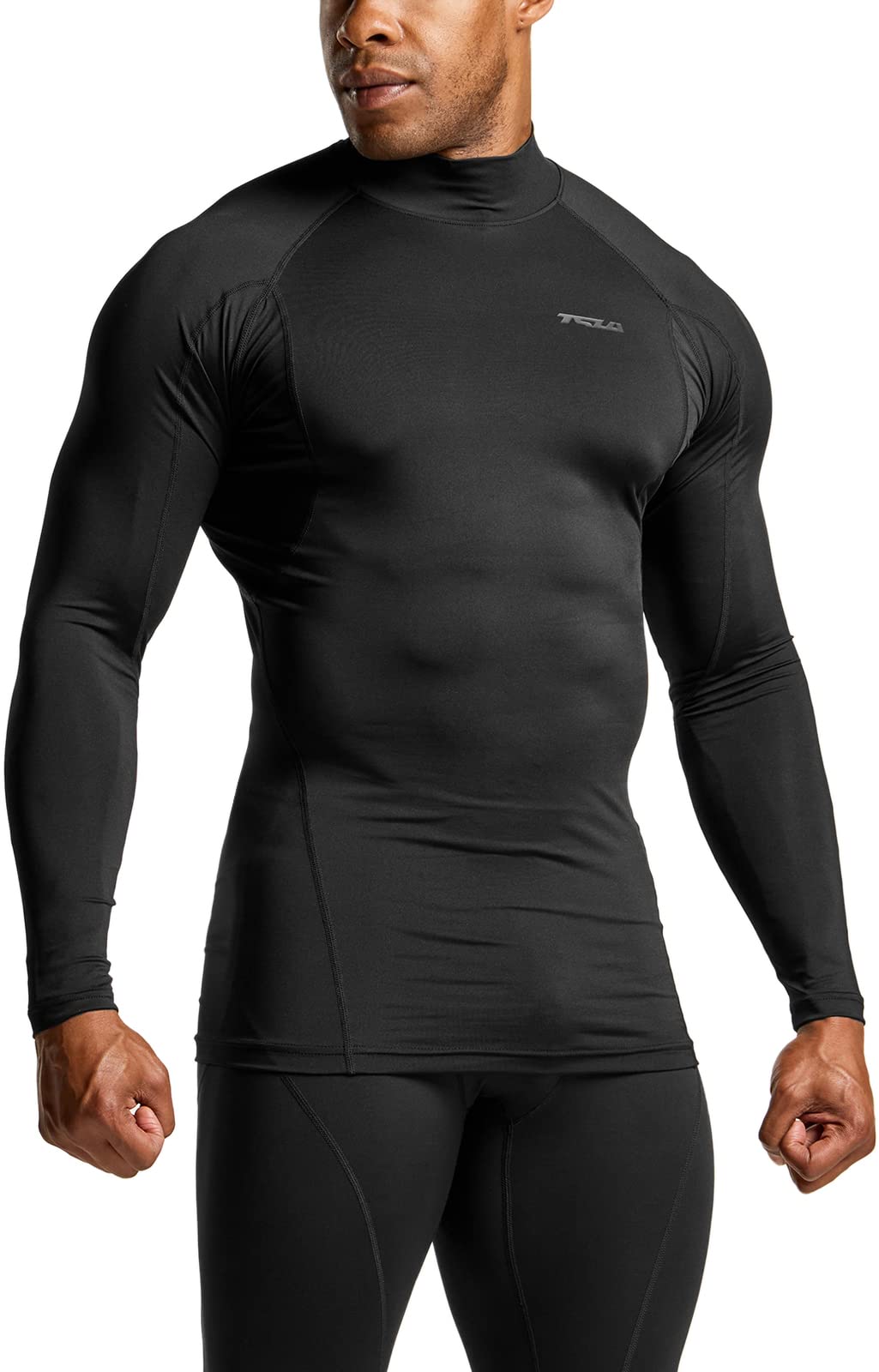 TSLA Men's UPF 50+ Mock Long Sleeve Compression Shirts, Athletic Workout Shirt, Base Layer for Water Sports, Athletic Mockneck Black, Small