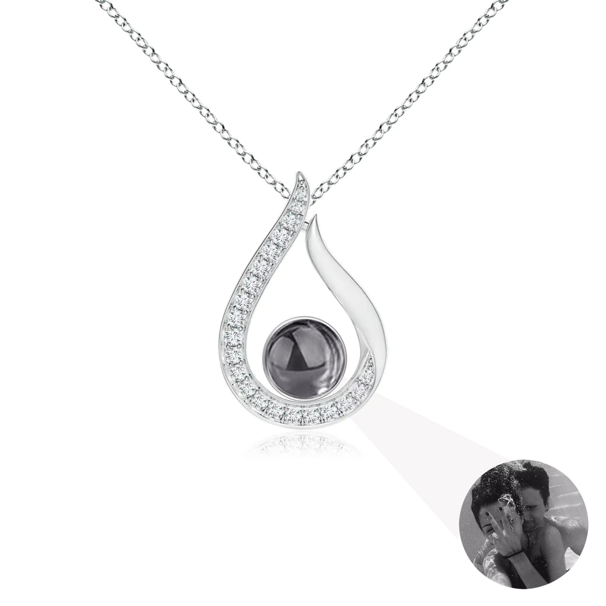 Auinniuz Sterling Silver Teardrop Pendant Necklace Personalized Custom Photo Projection Waterdrop Necklace Gift for Girlfriend Wife Mom Silver