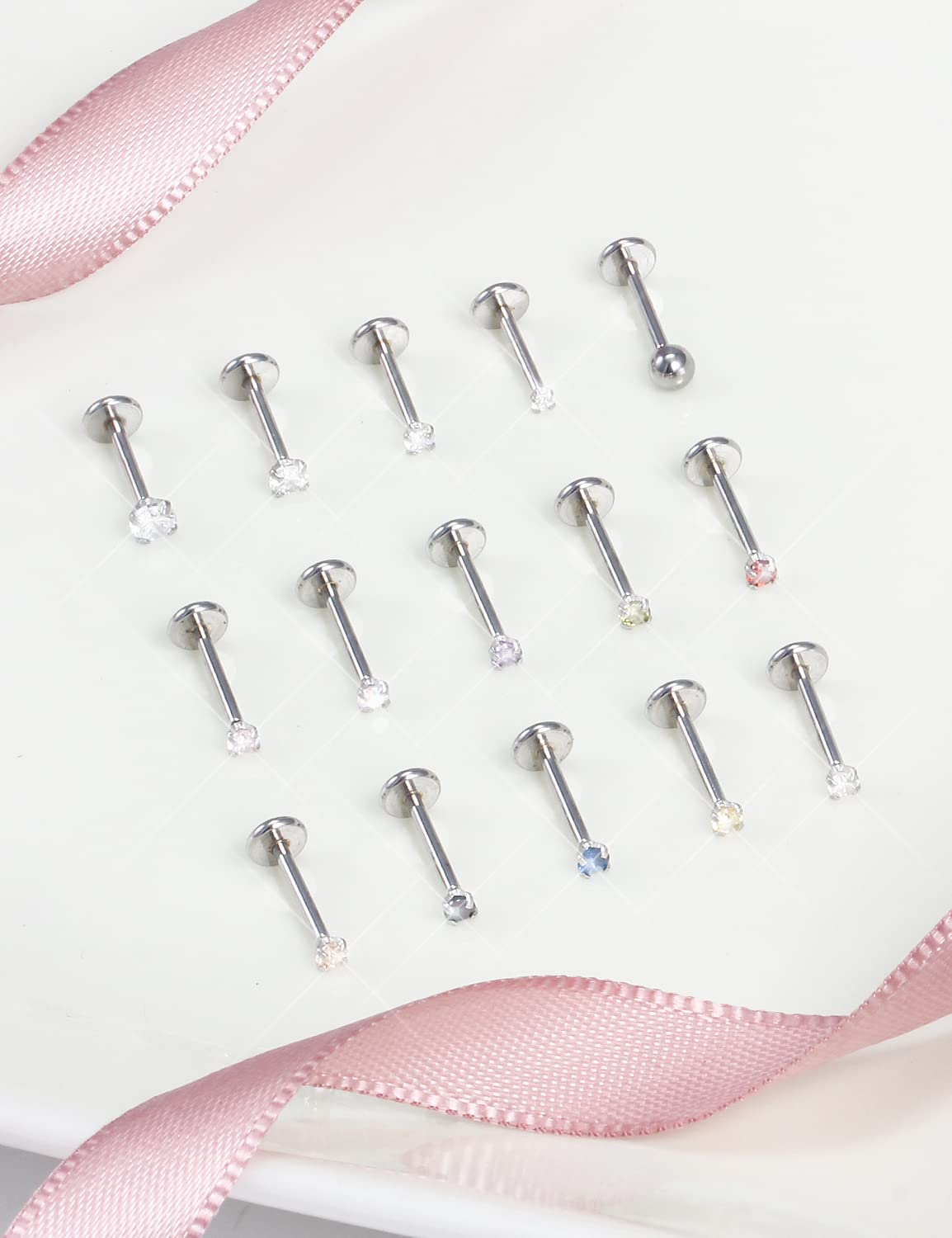 Prjndjw 18G Push Nose Rings Studs Surgical Steel Threadless Nose Studs Straight Bar Nose Rings for Women Men Nostril Piercing Diamond CZ 1.5mm 2mm 2.5mm 3mm Silver 15Pcs Push earrings stud