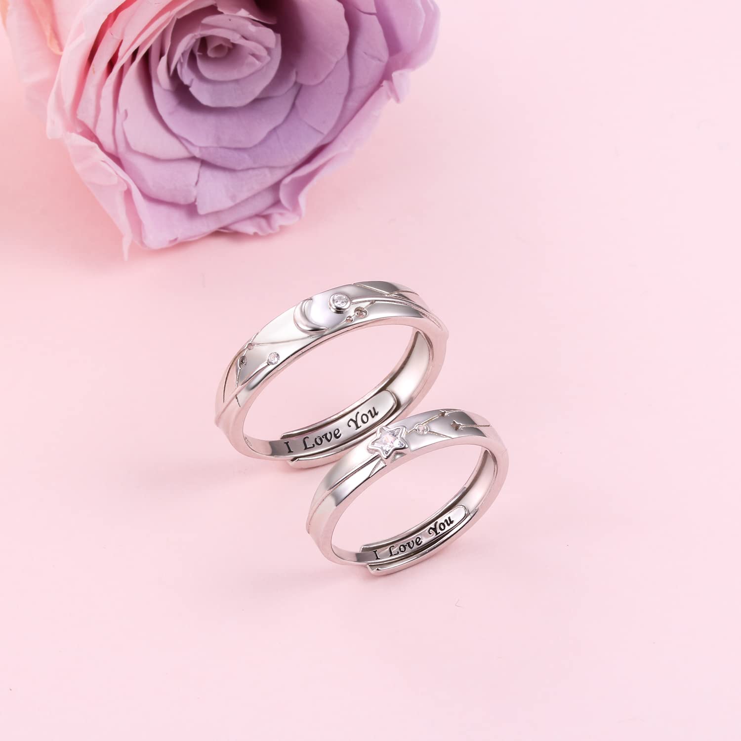 Matching Rings for Couples 925 Sterling Silver Adjustable Couple Rings Carved I LOVE YOU Promise Wedding Rings Set for Him and her Moon and star Jewelry Gift