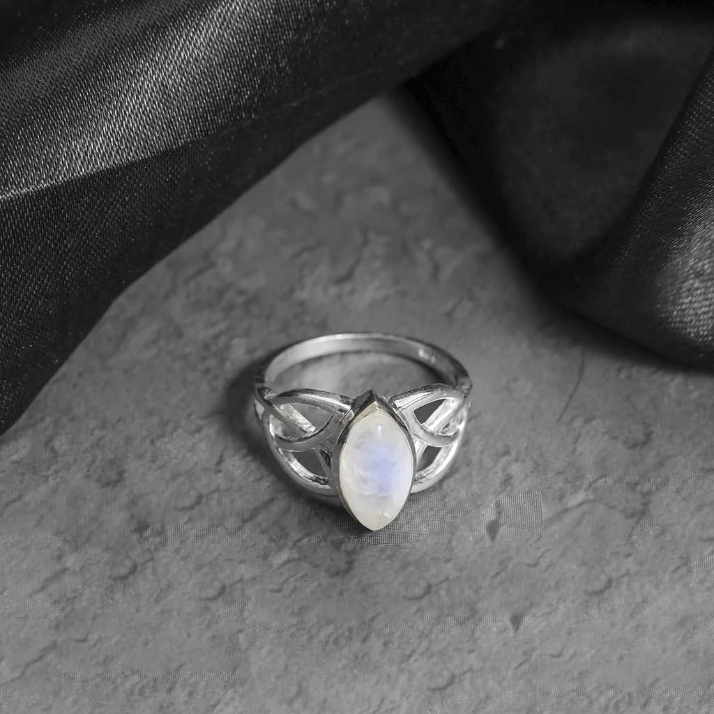 RKGEMS 6x12MM Marquise Shape Moonstone Birthstone Gemstone 925 Sterling Silver Victorian Style Triquetra Celtic Trinity Knot Ring (5)