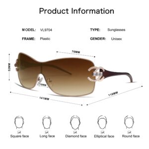 VANLINKER Wrap Around Y2K Sunglasses for Women Men Trendy Oversized Sun Glasses Fashion Shield Frameless Shades Gradient Brown VL9704