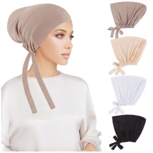 phogary 4 pcs women hijab undercap, islamic muslim under hijab cap inner under scarf hat hijab cap with tie back closure solid color underscarf hijab cap turban head wraps for women chemo sleep cap(c)