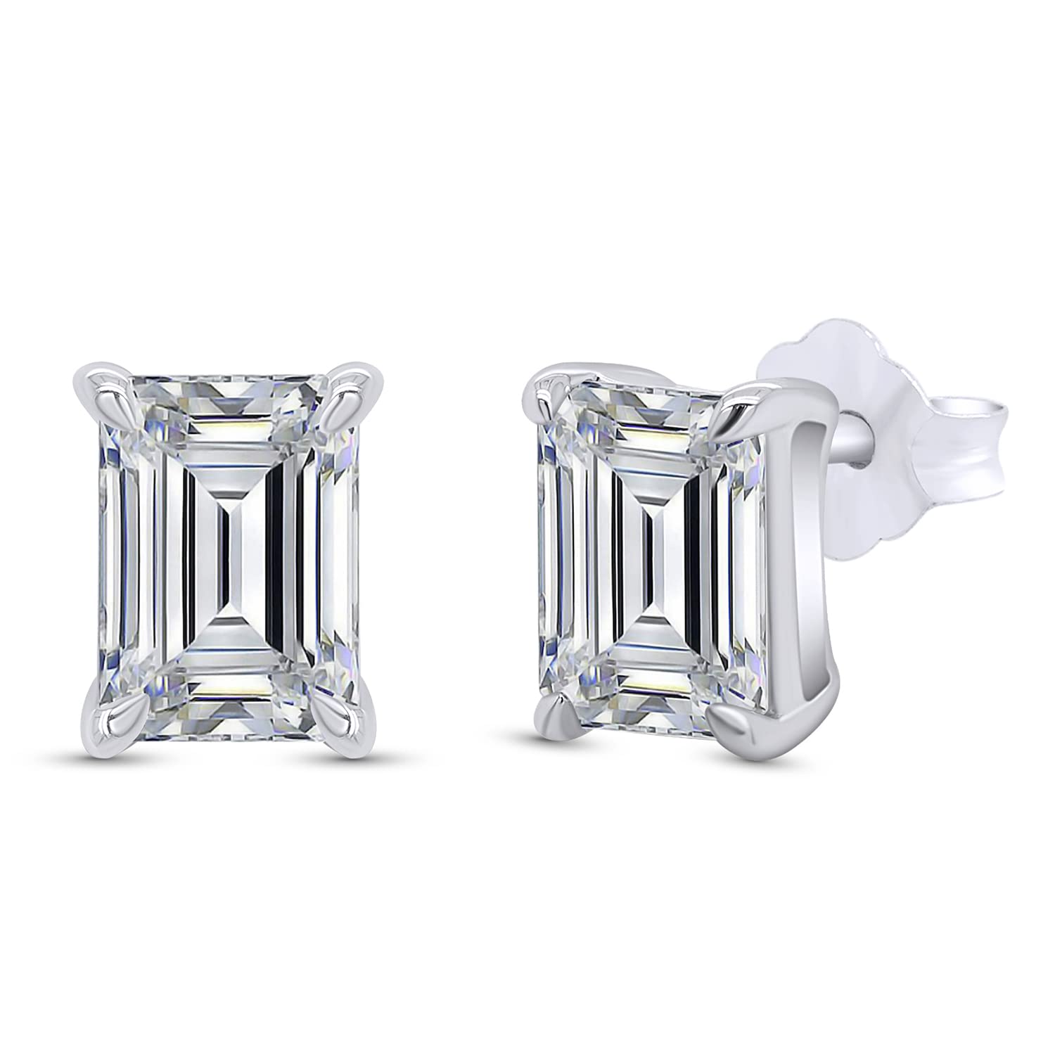 3 Carat Emerald Cut Lab Created Moissanite Diamond Solitaire Stud Earrings for Women Wedding Earrings In 18K White Gold Over Sterling Silver