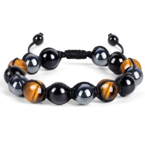 enjoy risingsun tiger eye bracelet women men, triple protection black obsidian hematite tiger eye stone bracelet 10mm bead crystal gemstone jewelry bracelet