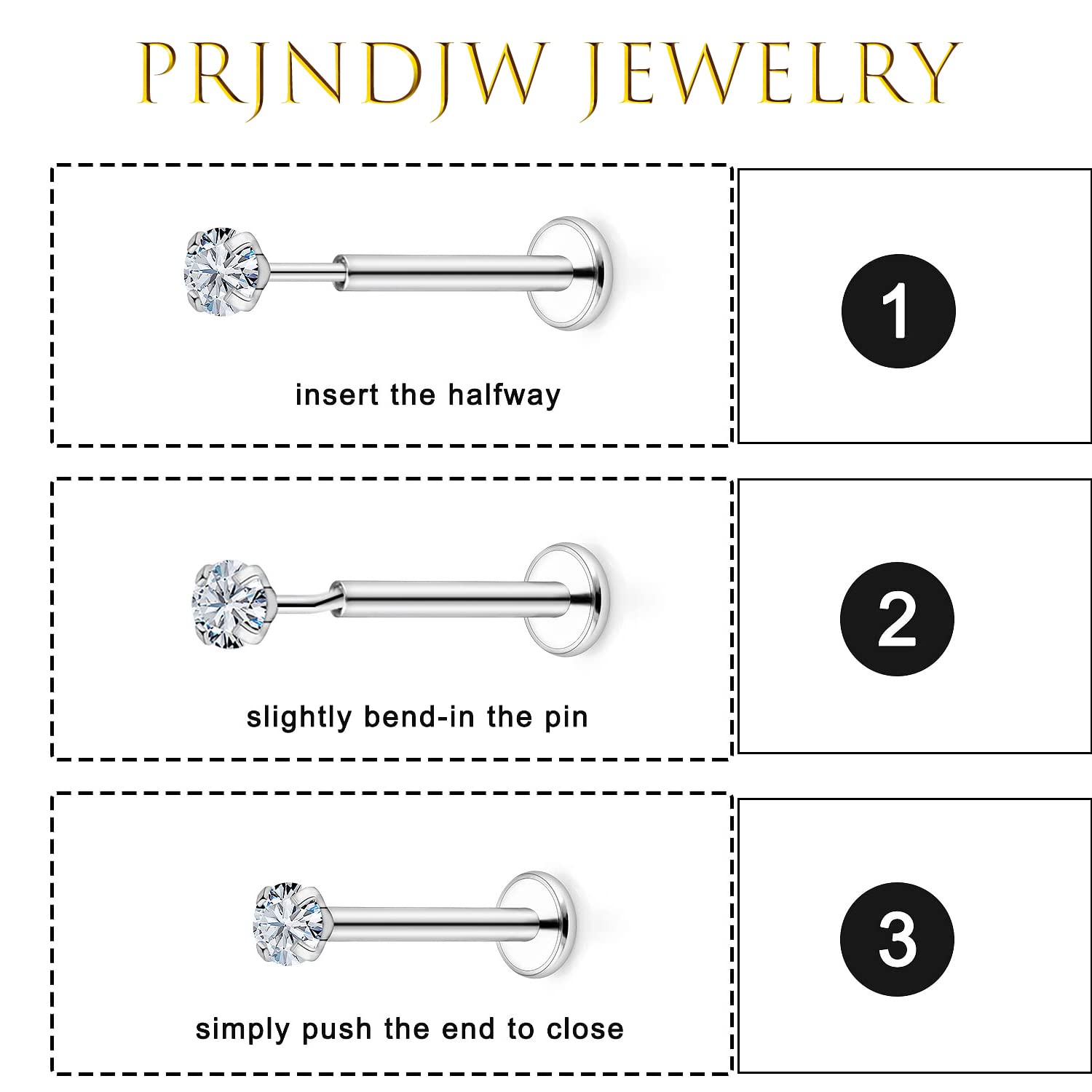 Prjndjw 18G Push Nose Rings Studs Surgical Steel Threadless Nose Studs Straight Bar Nose Rings for Women Men Nostril Piercing Diamond CZ 1.5mm 2mm 2.5mm 3mm Silver 15Pcs Push earrings stud