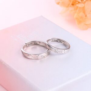 Matching Rings for Couples 925 Sterling Silver Adjustable Couple Rings Carved I LOVE YOU Promise Wedding Rings Set for Him and her Moon and star Jewelry Gift