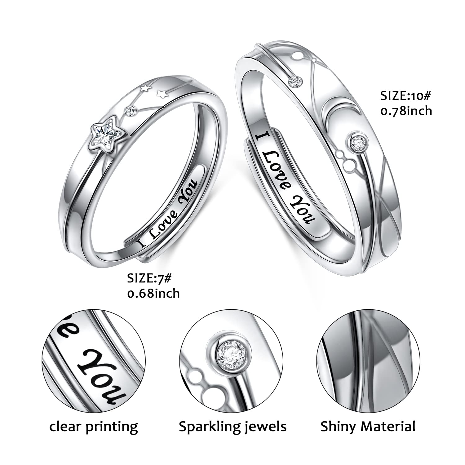 Matching Rings for Couples 925 Sterling Silver Adjustable Couple Rings Carved I LOVE YOU Promise Wedding Rings Set for Him and her Moon and star Jewelry Gift