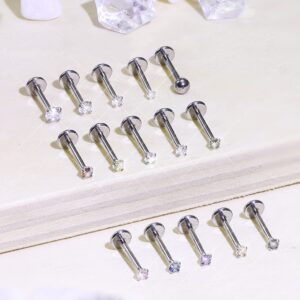 Prjndjw 18G Push Nose Rings Studs Surgical Steel Threadless Nose Studs Straight Bar Nose Rings for Women Men Nostril Piercing Diamond CZ 1.5mm 2mm 2.5mm 3mm Silver 15Pcs Push earrings stud