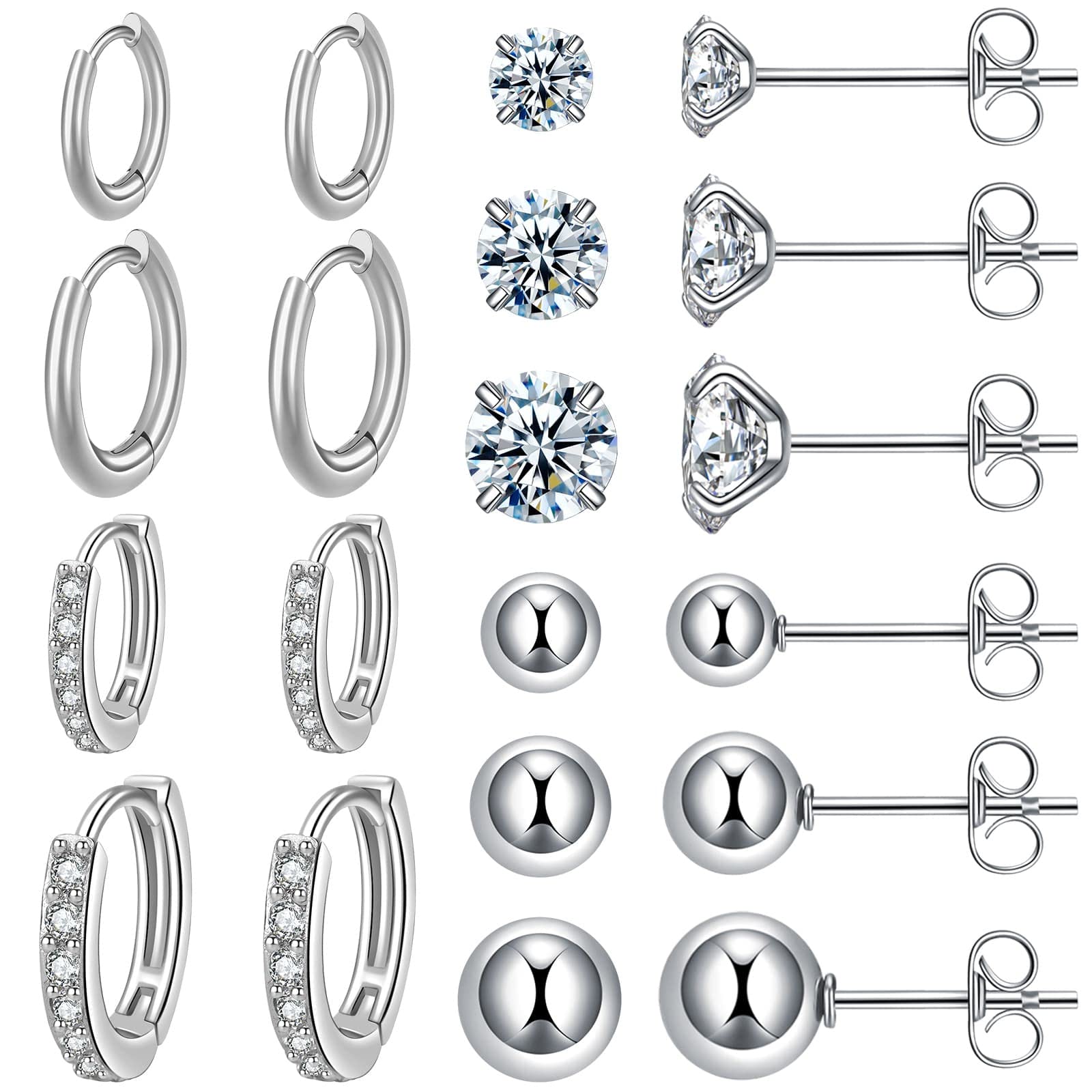 KANOUE 10 Pairs Silver Surgical Steel Earrings Sets for Multiple Piercing Lightweight Small Huggie Hoop Earrings CZ Stud Earrings for Women Trendy Cartilage Hypoallergenic