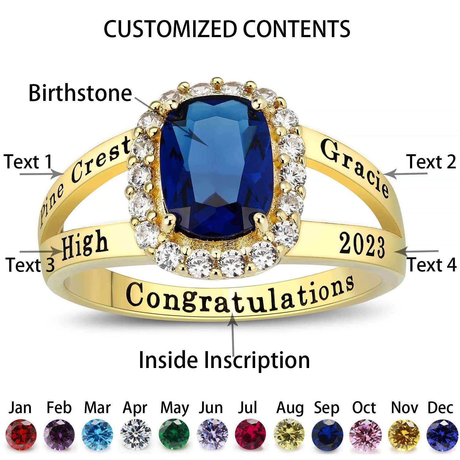 Personalized 10kt White Gold Class Ring with Cubic Zirconia Birthstone Women's Graduation Ring Customizable Women's Class Ring High School & College Sizes 5-15