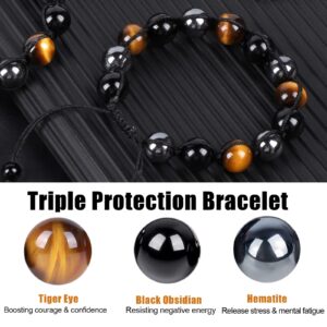 Enjoy Risingsun Tiger Eye Bracelet Women Men, Triple Protection Black Obsidian Hematite Tiger Eye Stone Bracelet 10mm Bead Crystal Gemstone Jewelry Bracelet