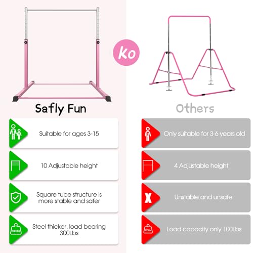 Safly Fun Gymnastics Bar for Kids Ages 3-15 for Home - Steady Steel Construction, Anti-Slip, Easy to Assemble, 3' to 5' Adjustable Height