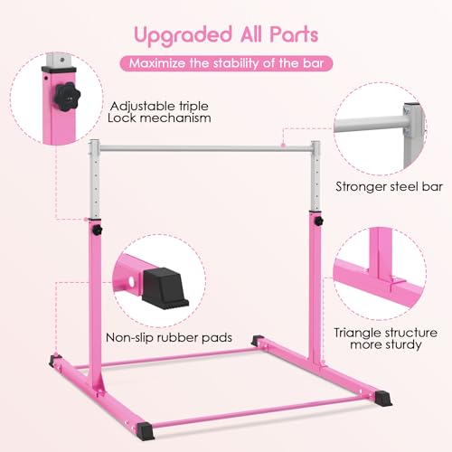 Safly Fun Gymnastics Bar for Kids Ages 3-15 for Home - Steady Steel Construction, Anti-Slip, Easy to Assemble, 3' to 5' Adjustable Height