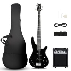 ktaxon electric bass guitar 4 string bass guitar with 20 watt amplifier, pj type pickup, naturally air-dried maple neck, rosewood fretboard, basswood body(black)