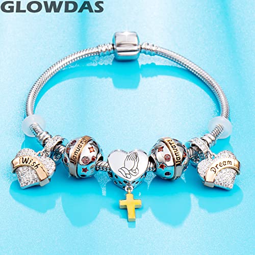 Praying Hands Charms with God All Things are Possible, 925 Sterling Silver Religious Cross Heart Pendant Faith Prayer Beads, fit Pandora Easter Bracelet/Mothers Day/Christmas