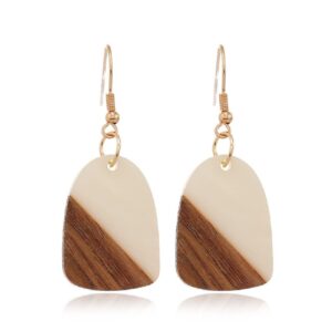 retro wooden resin geometric bar drop dangle earrings two tone handmade natural wood for women lightweight bohemian statement jewelry-geometric