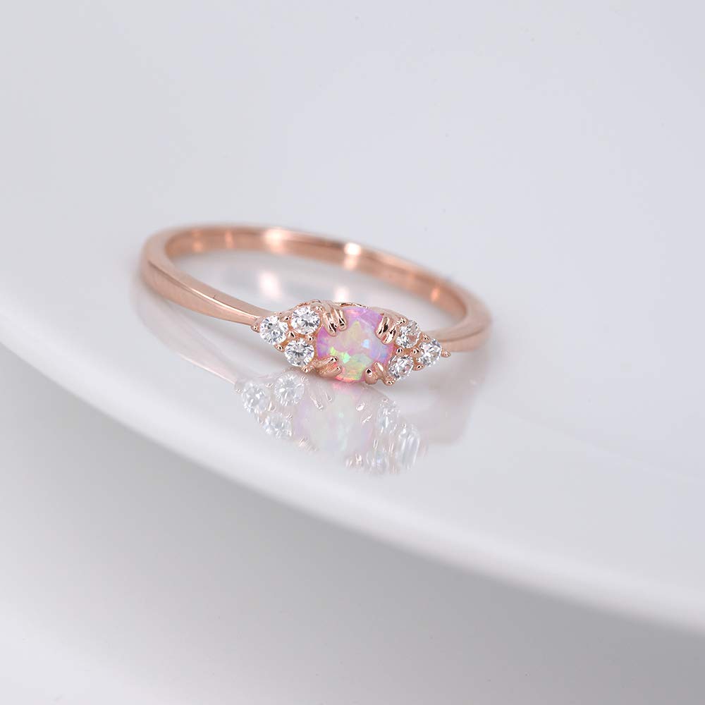 espere Sterling Silver Halo Opal Stacking Ring Simple Dainty Rose Gold Ring Pink Opal Ring Birthstone Ring Size 10