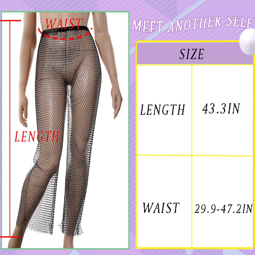 Wosois Mesh Fishnet Pants Black Rhinestone See Through Leggings Crystal Cover Up Rave Festival Nightclub Party Summer Beach Clubwear Body Accessories Jewelry for Women and Girls (110cm)