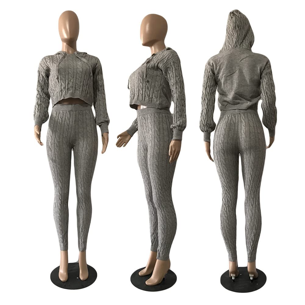 NRTHYE Hooded Sweater Two Piece Set Autumn Winter Women Solid Long Sleeve Crop Top And Pants Rib Knitted Suits Tracksuit