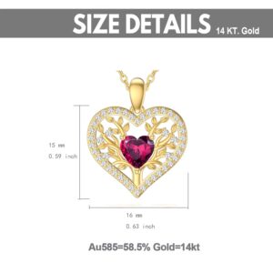 SISGEM 14K Real Gold Tree of Life Necklace for Women,Yellow Gold Family Tree Pendant Necklace Garnet Heart Jewerly Gifts for Birthday Christmas 16+1+1 inch