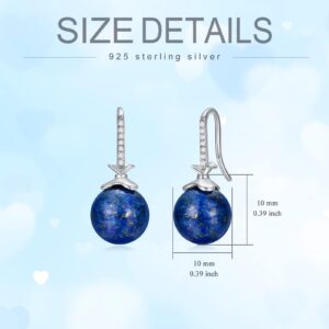 Silwan Silver Lapis Lazuli Dangle Earrings, S925 Sterling Silver 10mm Round Spherical Ball Lapis Bead Drop Earrings, Cubic Zircon Dangle Jewelry for Women Girls