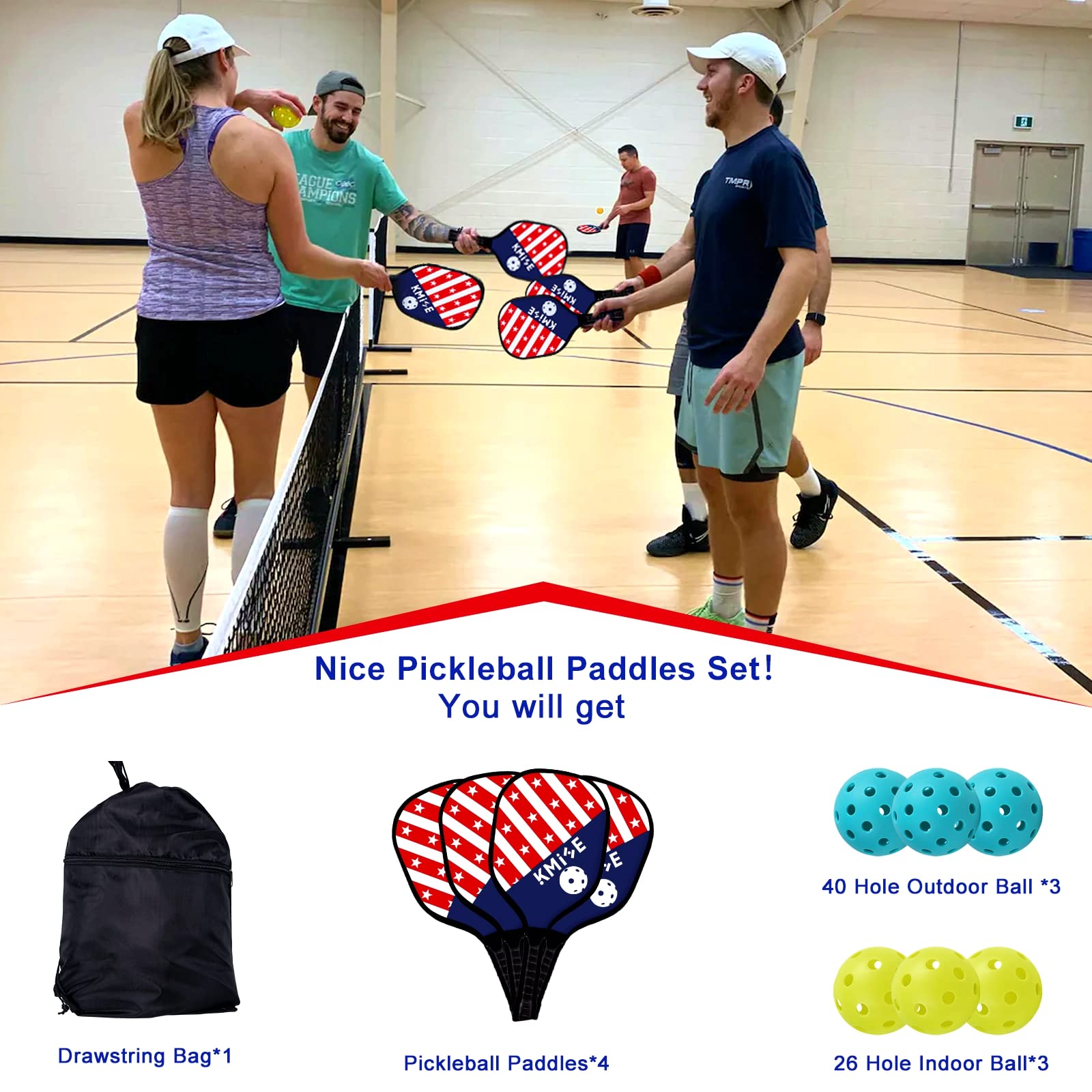 Kmise Pickleball Paddles, Pickleball Paddles Set of 4, 6 Indoor Outdoor Balls and Bag, 9-ply Premium Wood Pickleball Racquet with Ergonomic Cushion Grip Wooden Pickleball Paddles Gifts for Men Women