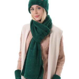 Womens Winter Warm Knit Beanie Hats and Touchscreen Gloves Long Scarf Sets with Sequins Thick Fleece Lined Dark Green