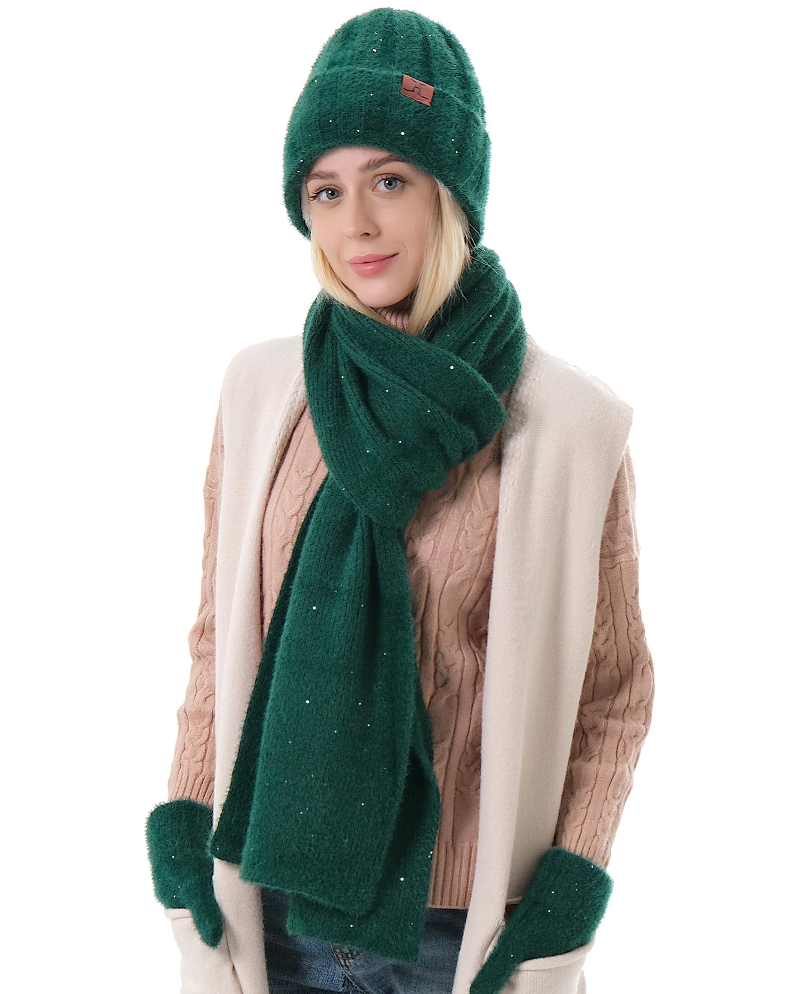 Womens Winter Warm Knit Beanie Hats and Touchscreen Gloves Long Scarf Sets with Sequins Thick Fleece Lined Dark Green