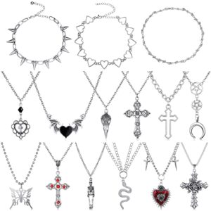 janmercy 15 pcs gothic grunge necklace set goth punk rock vintage y2k harajuku silver chain choker necklace jewelry costume accessories for women teen girls