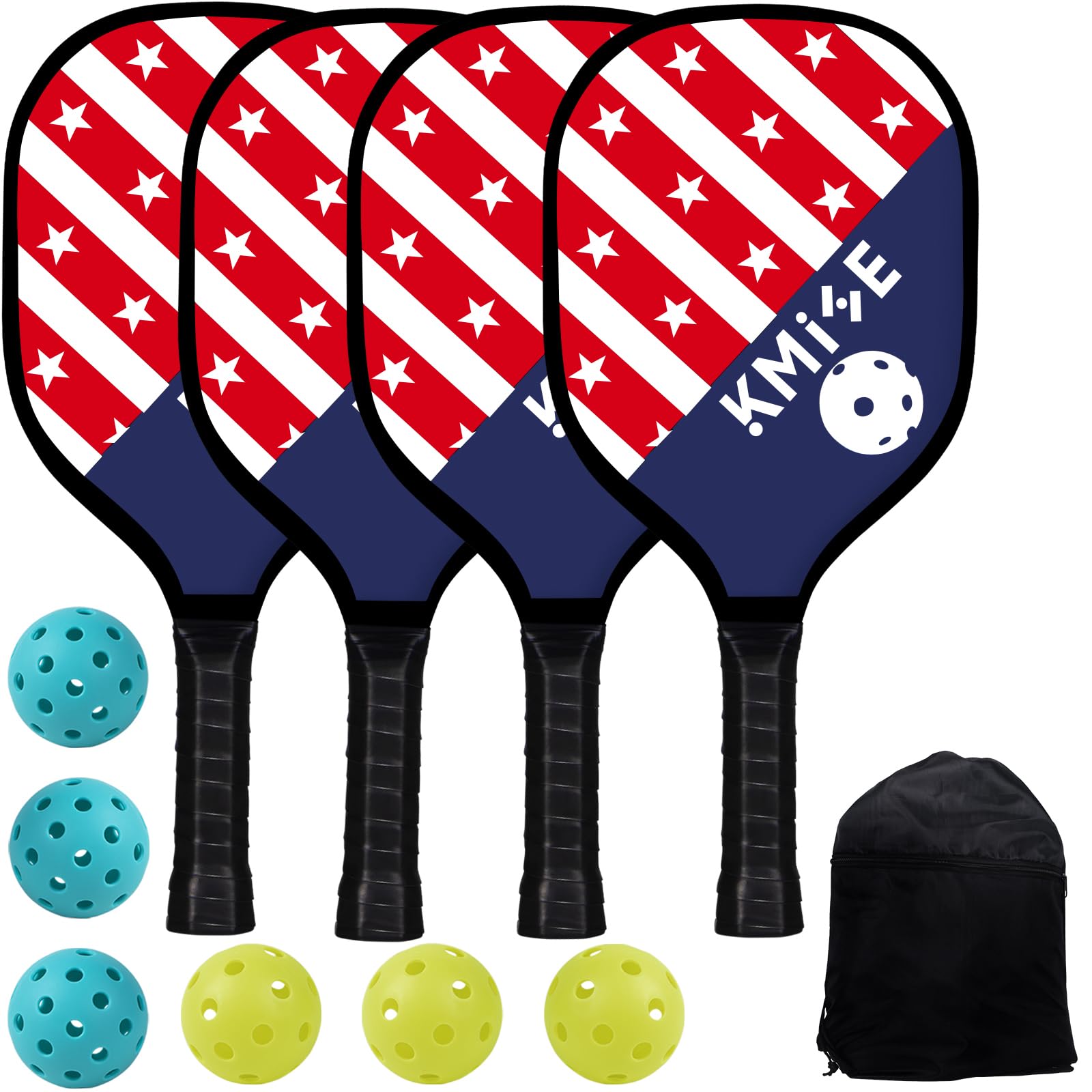 Kmise Pickleball Paddles, Pickleball Paddles Set of 4, 6 Indoor Outdoor Balls and Bag, 9-ply Premium Wood Pickleball Racquet with Ergonomic Cushion Grip Wooden Pickleball Paddles Gifts for Men Women