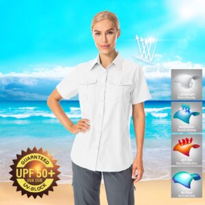 Women's UPF 50+ Short Sleeve Button Down Shirts UV Sun Protection Safari Shirts Quick Dry Outdoor Shirt for Fishing Hiking Travel (5075,White,M)