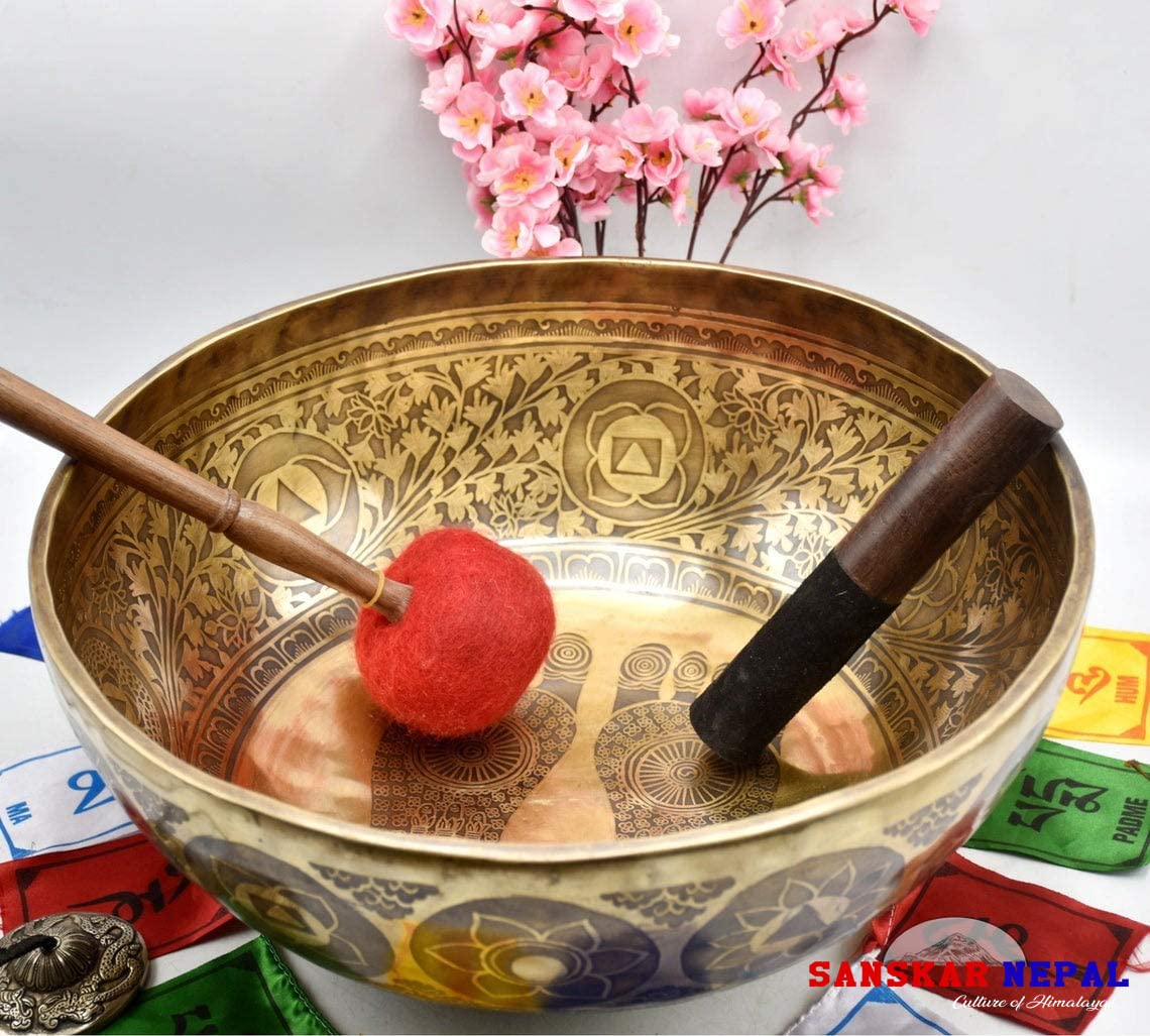 Large Singing Bowl - 16 Inches in Diameter - Buddha's Feet Etched by Artisans from Nepal - For Healing, Sound Bath, Yoga, Relaxation, and Meditation Gold