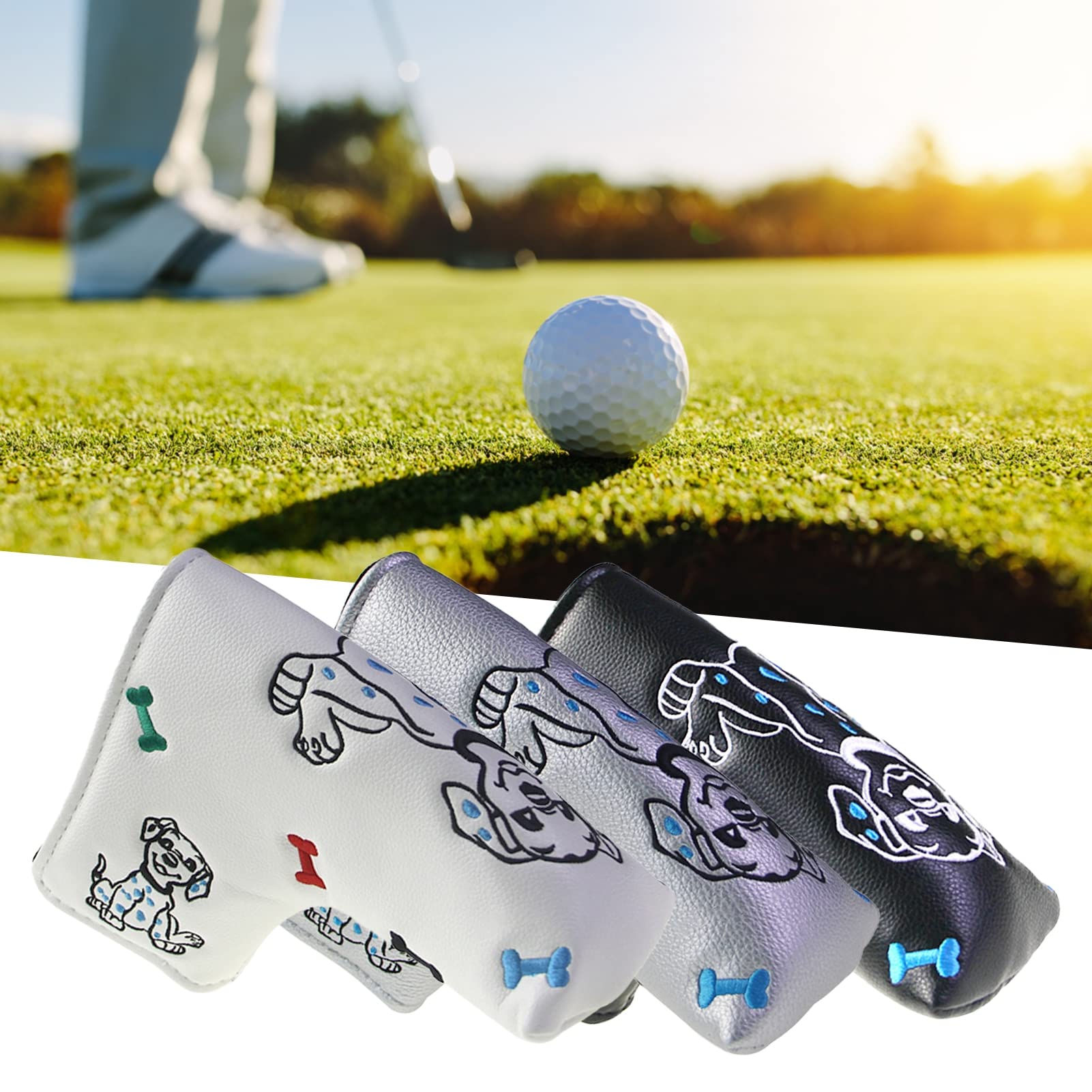 JENPECH Golf Head Cover Dust-Proof Water-Proof Accessory Dog Bone Golf Mallet Putter Head Covers Golf Thick Synthetic Leather Golf Iron Head Covers Set Headcover Fit All Brands White