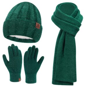 womens winter warm knit beanie hats and touchscreen gloves long scarf sets with sequins thick fleece lined dark green