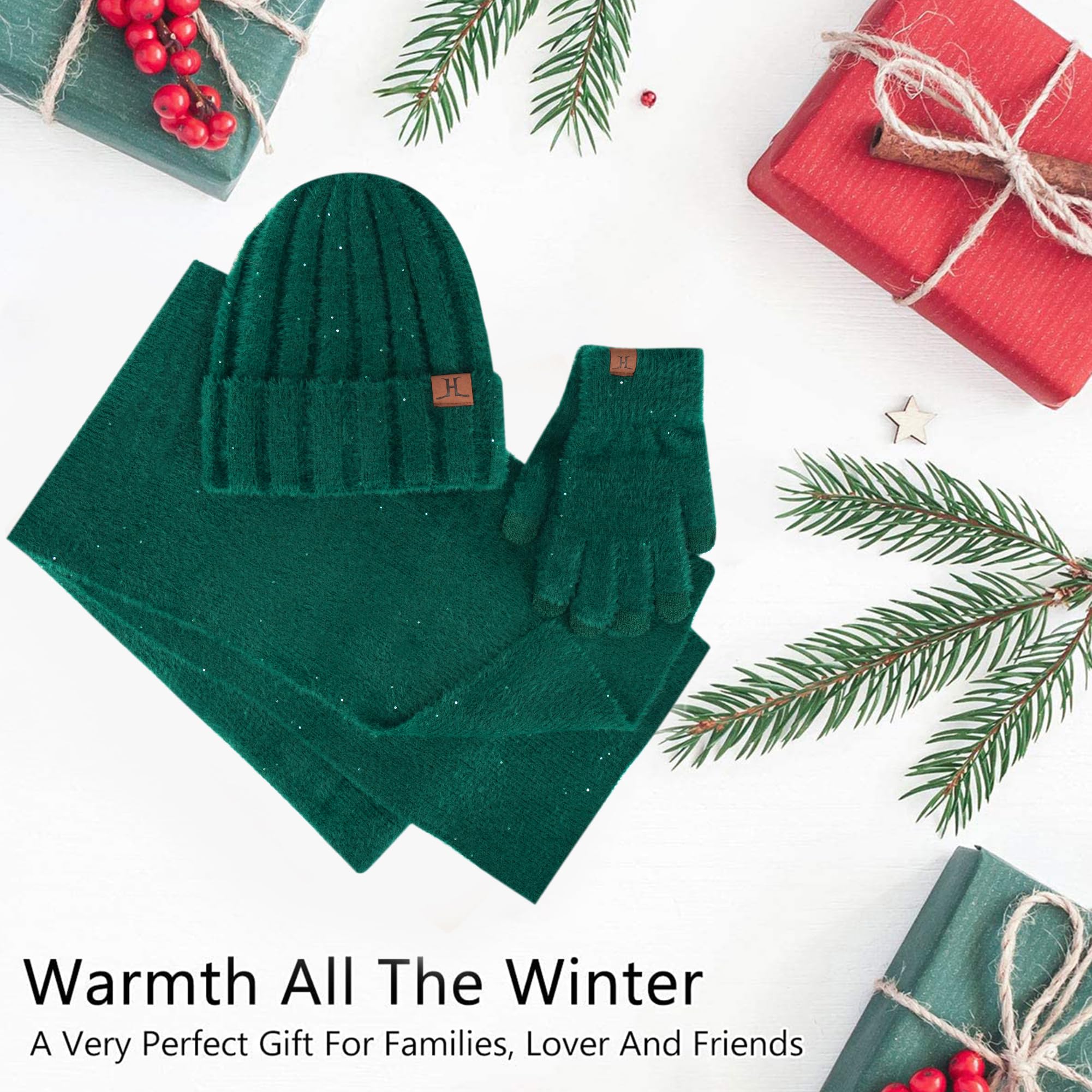 Womens Winter Warm Knit Beanie Hats and Touchscreen Gloves Long Scarf Sets with Sequins Thick Fleece Lined Dark Green