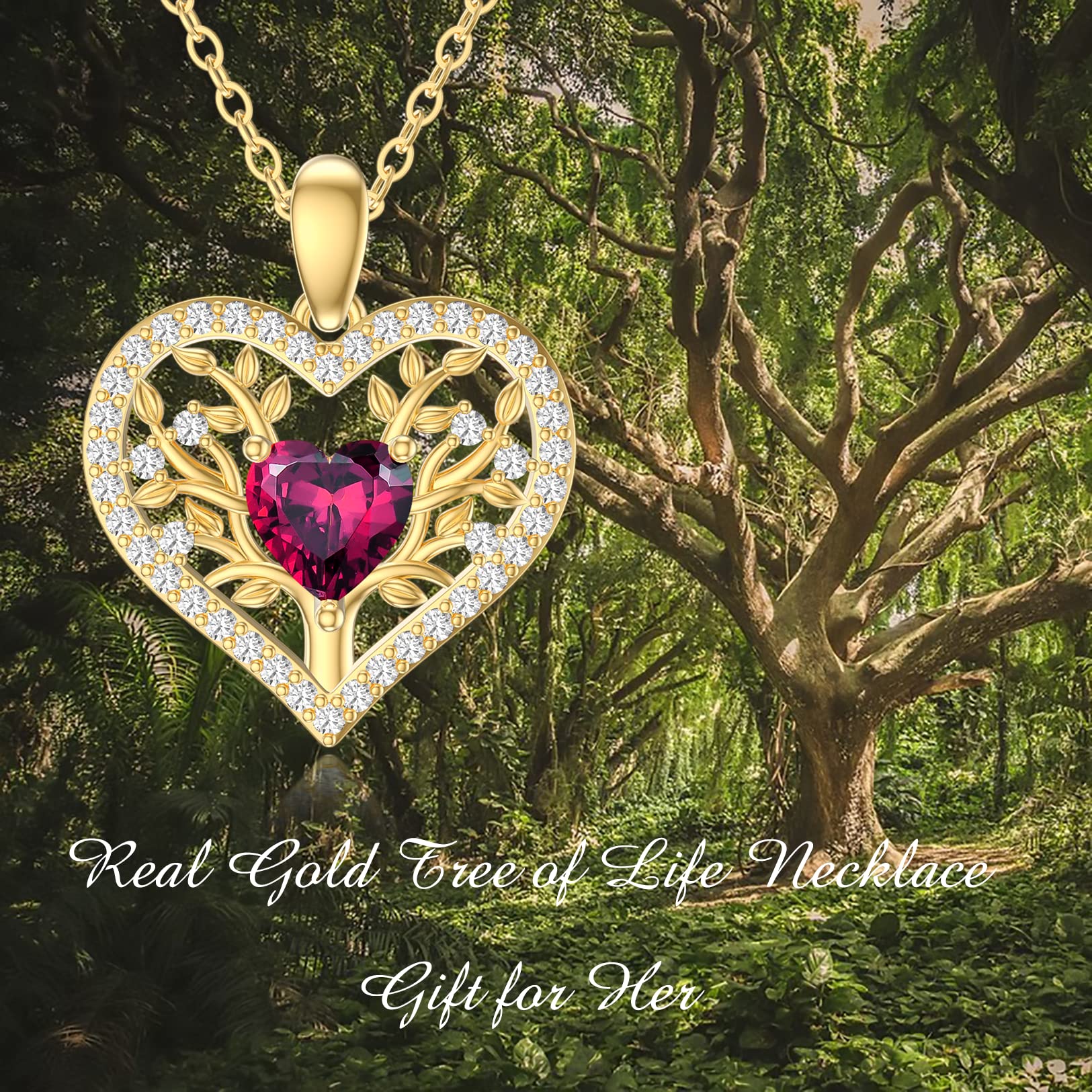 SISGEM 14K Real Gold Tree of Life Necklace for Women,Yellow Gold Family Tree Pendant Necklace Garnet Heart Jewerly Gifts for Birthday Christmas 16+1+1 inch