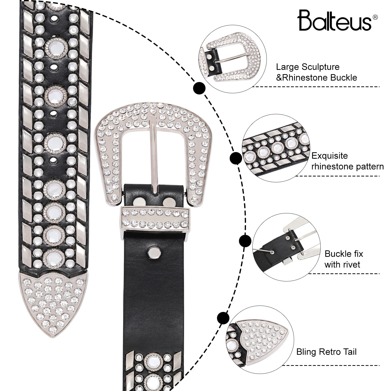 Balteus Women Rhinestone Belt Western Style Cowgirl Cowboy Belt with Studded Diamonds for Jeans Dress Eye-catching