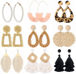 9 pairs rattan earrings tassel woven bohemian earrings straw earrings lightweight acrylic pearl hoop earrings handmade wicker braid drop dangle statement earrings for women