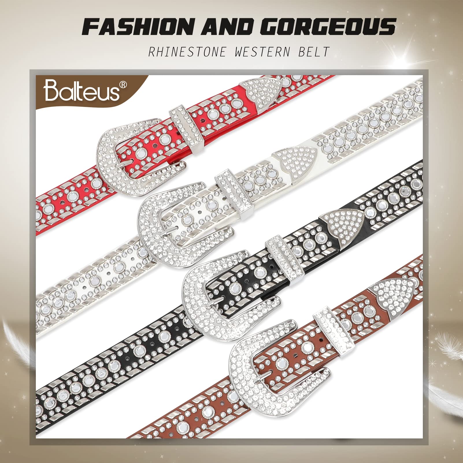 Balteus Women Rhinestone Belt Western Style Cowgirl Cowboy Belt with Studded Diamonds for Jeans Dress Eye-catching