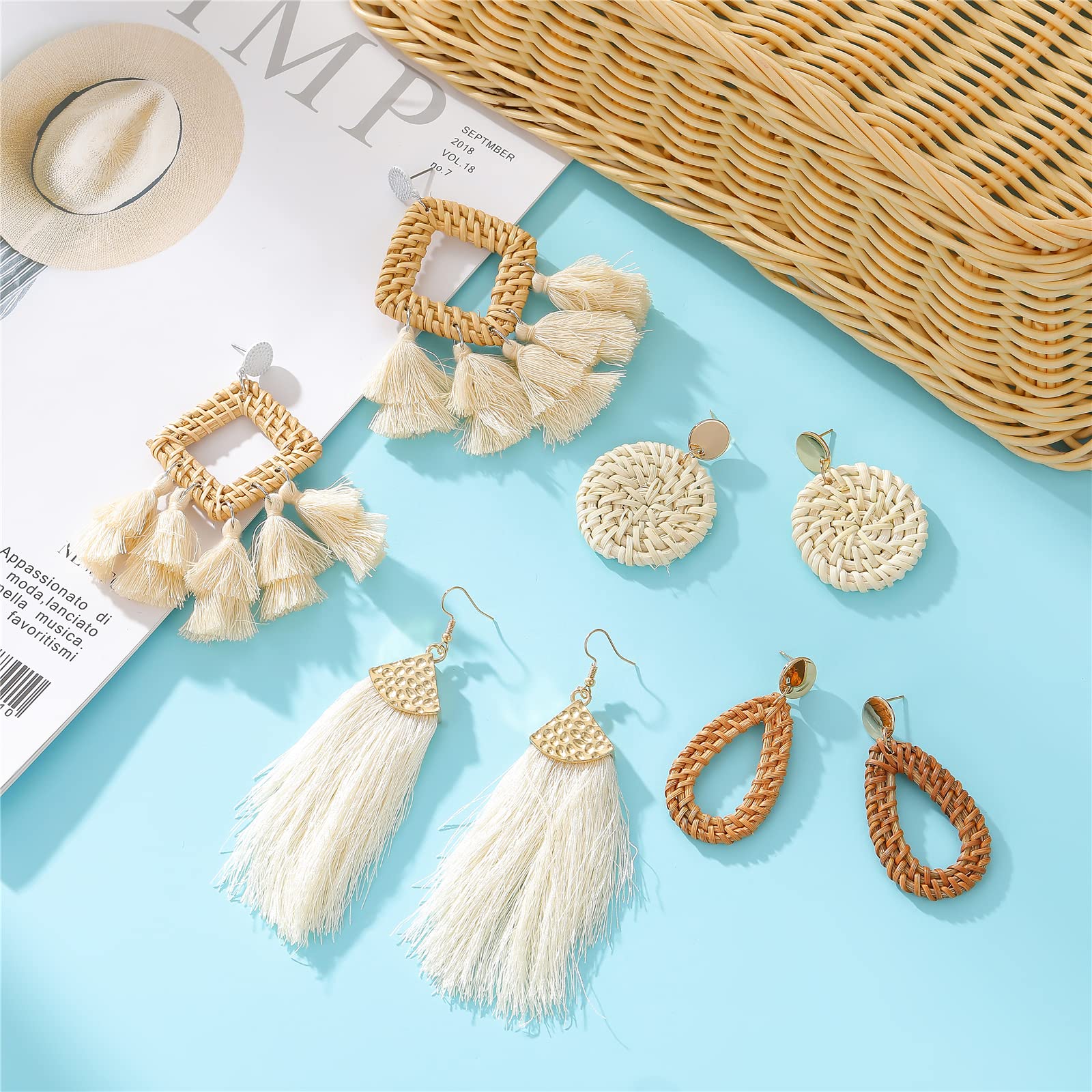 9 Pairs Rattan Earrings Tassel Woven Bohemian Earrings Straw Earrings Lightweight Acrylic Pearl Hoop Earrings Handmade Wicker Braid Drop Dangle Statement Earrings for Women