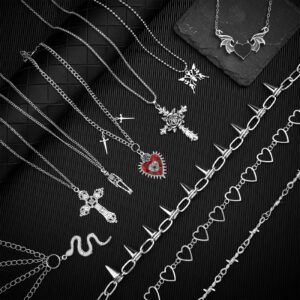 Janmercy 15 Pcs Gothic Grunge Necklace Set Goth Punk Rock Vintage Y2k Harajuku Silver Chain Choker Necklace Jewelry Costume Accessories for Women Teen Girls