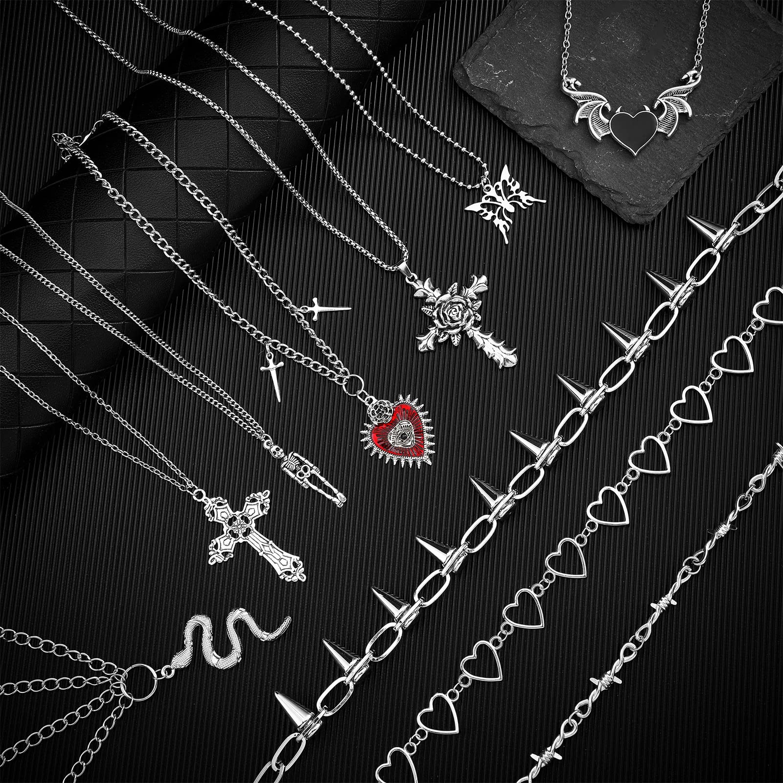 Janmercy 15 Pcs Gothic Grunge Necklace Set Goth Punk Rock Vintage Y2k Harajuku Silver Chain Choker Necklace Jewelry Costume Accessories for Women Teen Girls