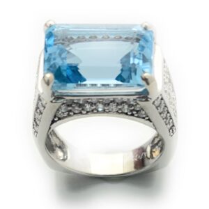 14k White Gold 10.5 CT Natural Blue Topaz Ring For Women with Diamonds Custom made Piece